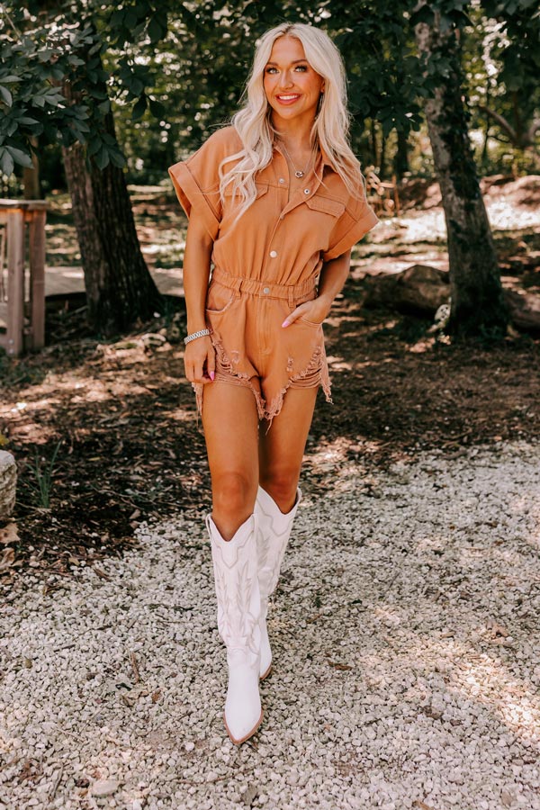 The Juni Distressed Denim Romper In Camel – Impressions Online Boutique