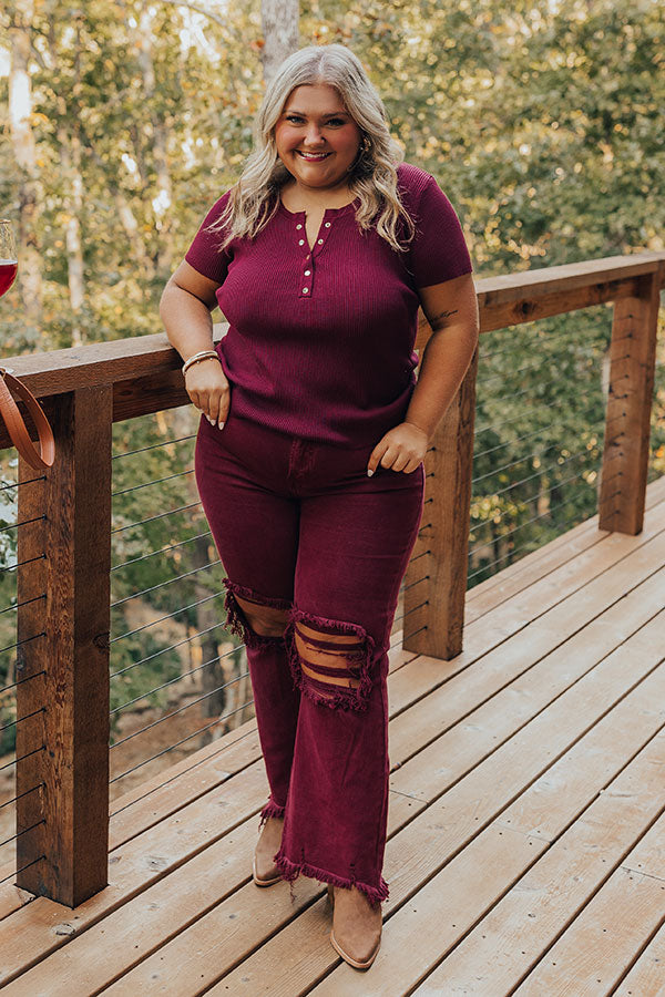 Cafe Hangout Ribbed Henley Top in Merlot Curves – Impressions Online ...