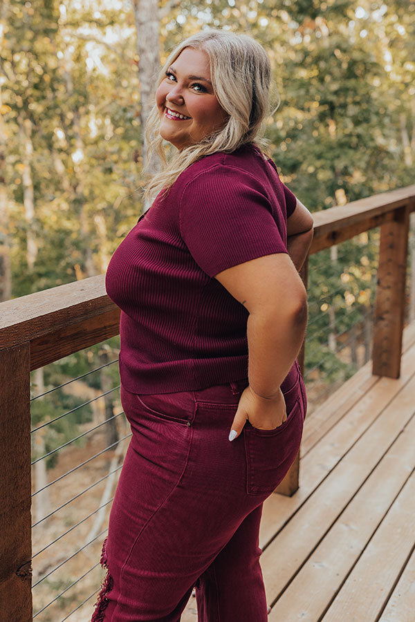 Cafe Hangout Ribbed Henley Top in Merlot Curves – Impressions Online ...