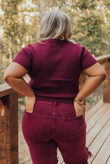Cafe Hangout Ribbed Henley Top in Merlot Curves – Impressions Online ...