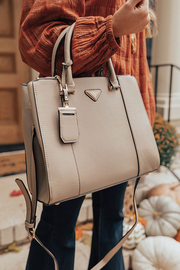 Going, Going, Glam Faux Leather Tote in Taupe • Impressions Online Boutique
