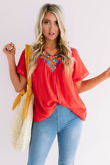 Mediterranean Sea Embroidered Top In Red – Impressions Online Boutique