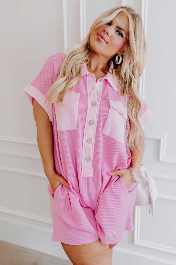 Wonderful Weekend Waffle Knit Romper in Pink Curves • Impressions Online Boutique