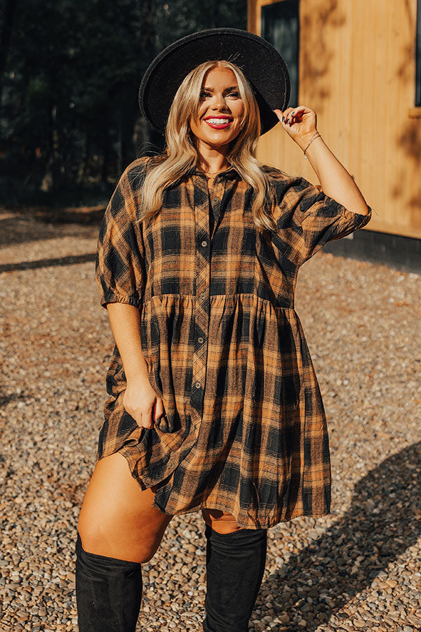 Never Pretend Plaid Dress In Camel Curves – Impressions Online Boutique